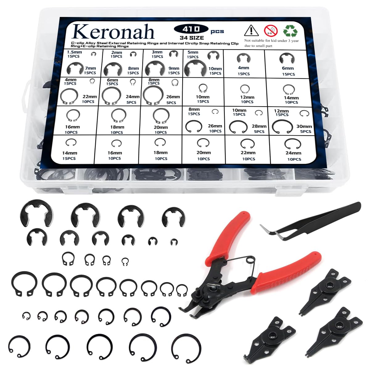 Amazon.com: Keronah 410PCS 34 Sizes E-Clips Assortment Set(1.5mm-10mm ...