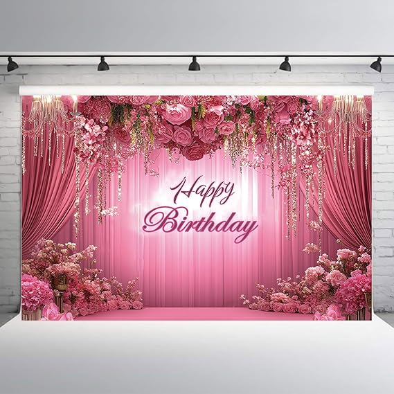 Amazon.com : iWeeta Shiny Pink Neon and Rose Happy Birthday Backdrop ...