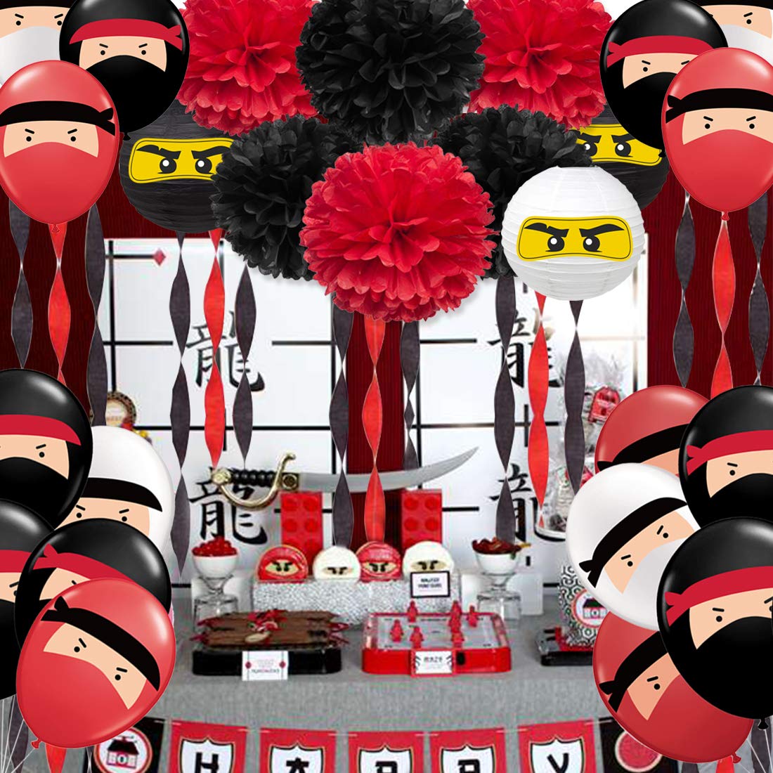 Buy Ninja Decorations Warrior Party Supplies Kit Black and Red, with ...