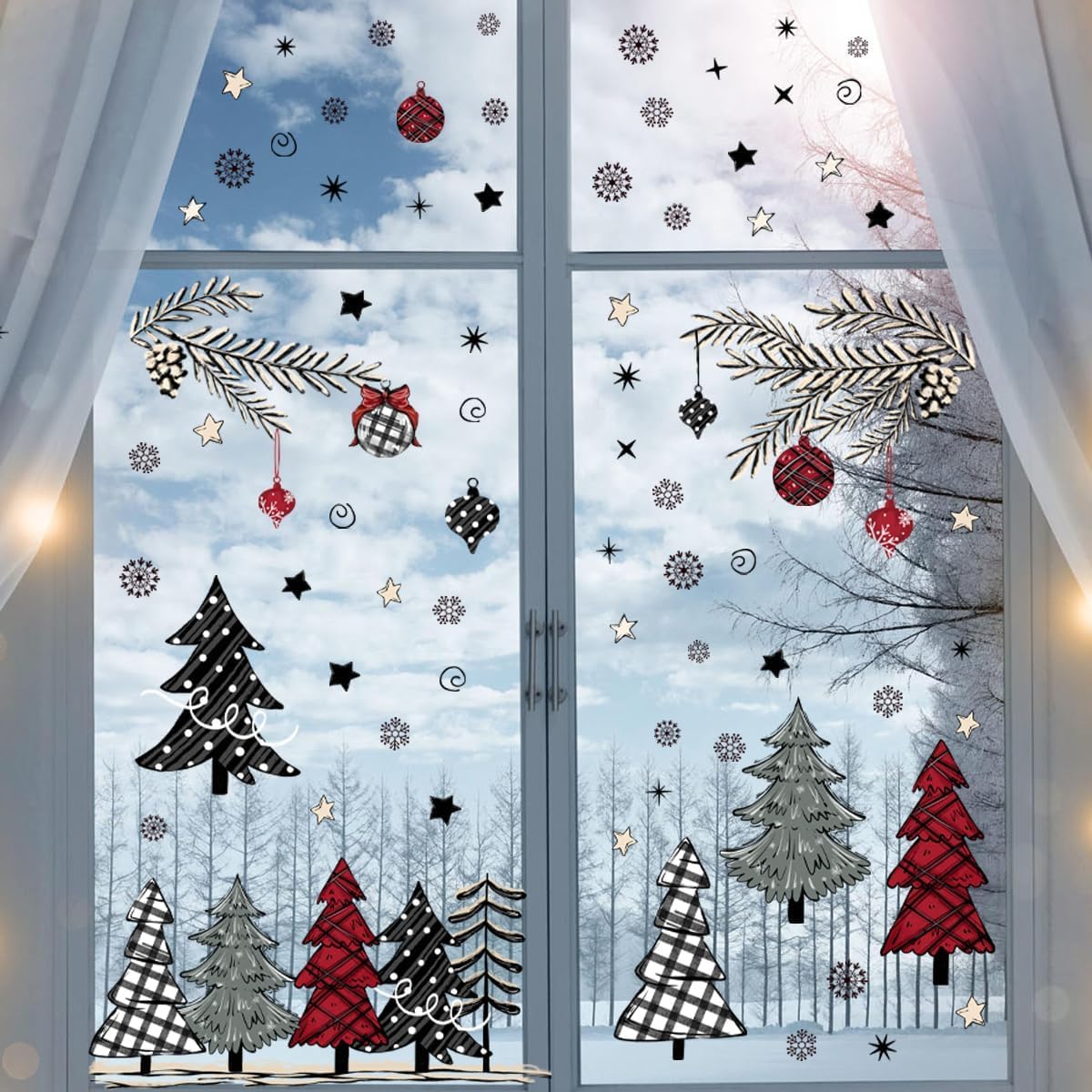 Amazon.com: Christmas Tree Window Clings Christmas Buffalo Plaid Tree ...