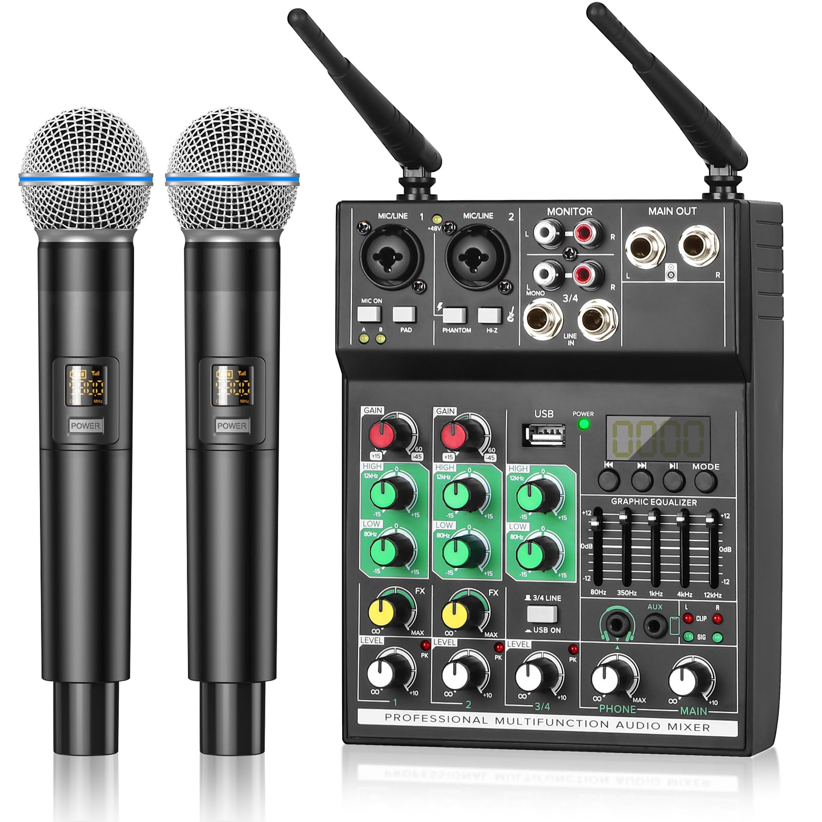 4 Channel Audio Mixer,Sound Mixer with Dual Wireless Microphone,Mixing ...