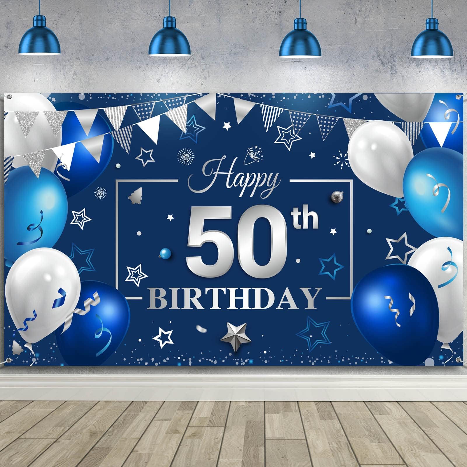 Amazon.com : 50th Happy Birthday Backdrop Decoration- Blue Balloon ...