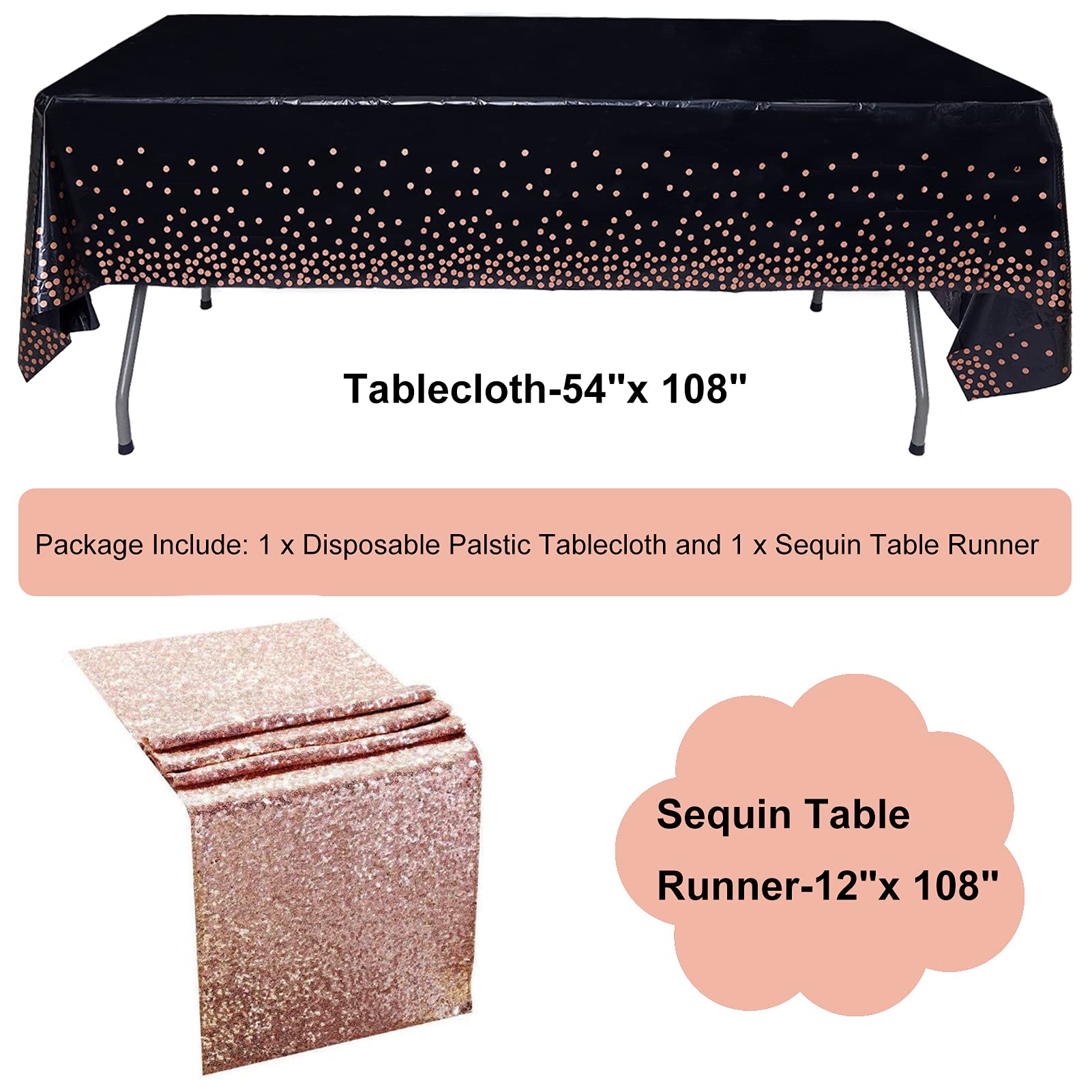 Snapklik.com : Rose Gold Tablecloth Sequin Table Runner Set, Black And ...