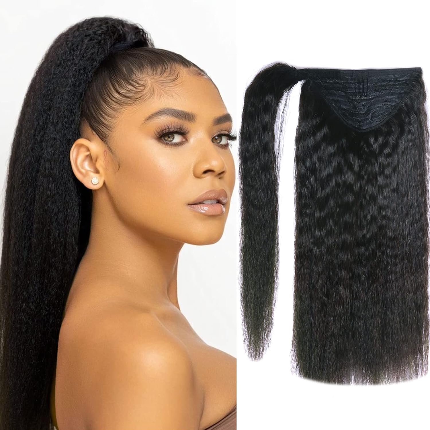Anrosa Cola de caballo de cabello humano rizado lacio para mujeres ...