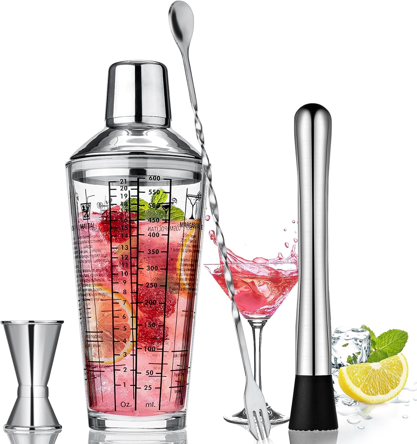 Amazon.com: Glass Cocktail Shaker Set 600ml, 4PCS Bartender Kit ...