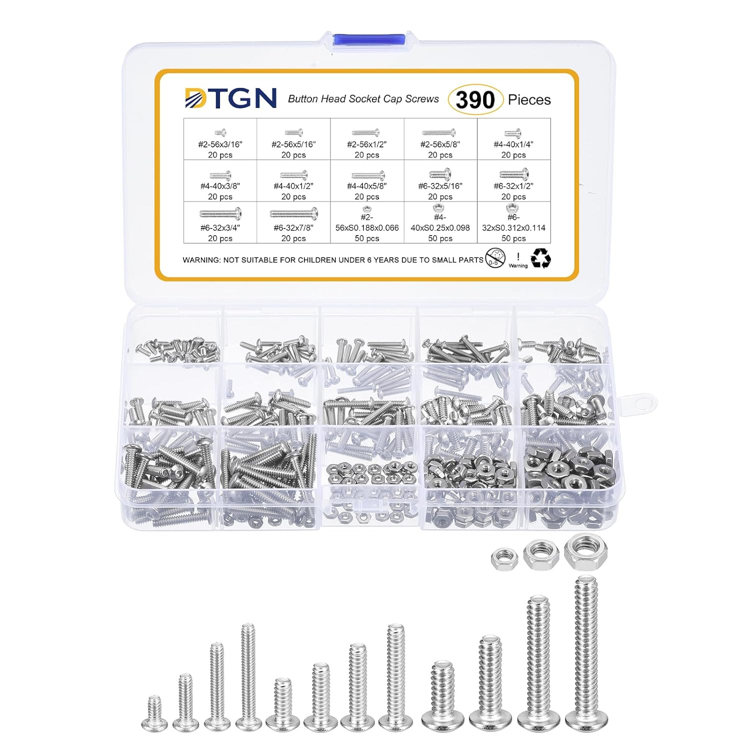 DTGN 390Pcs #2#4#6 Button Head Socket Cap Screws - 304 Stainless Steel ...