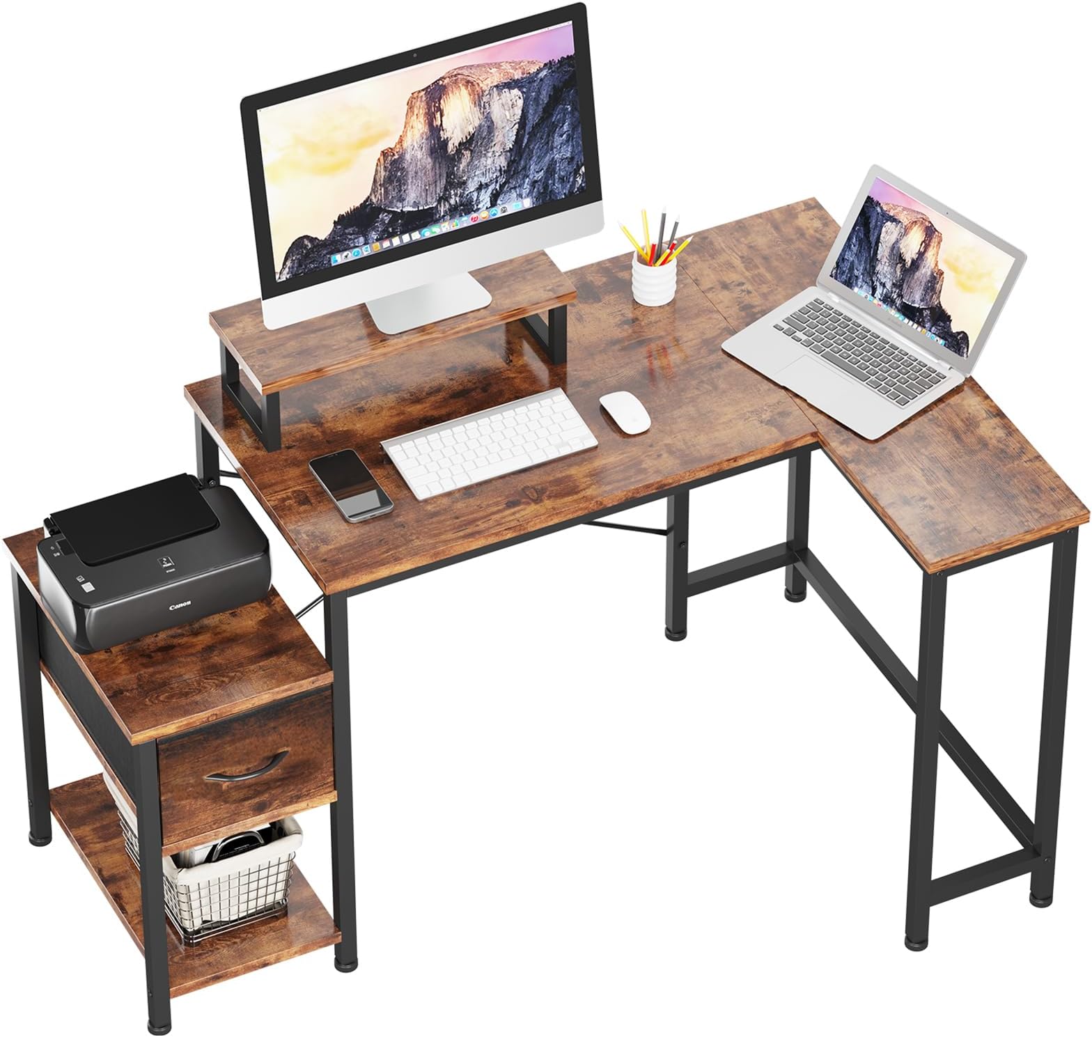 SUPERJARE Reversible Computer Desk with Power Outlets & File Cabinet, L ...