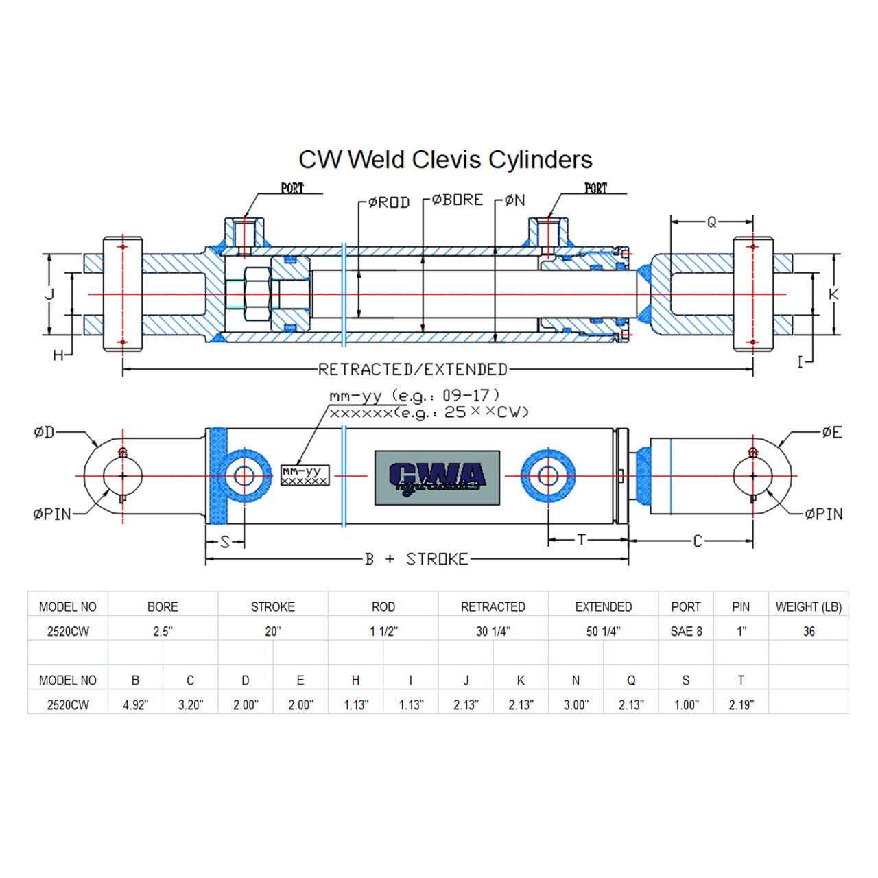 Snapklik.com : CW Weld Clevis Cylinder 2 1/2" Bore X 20" Stroke X 1 1/2 ...