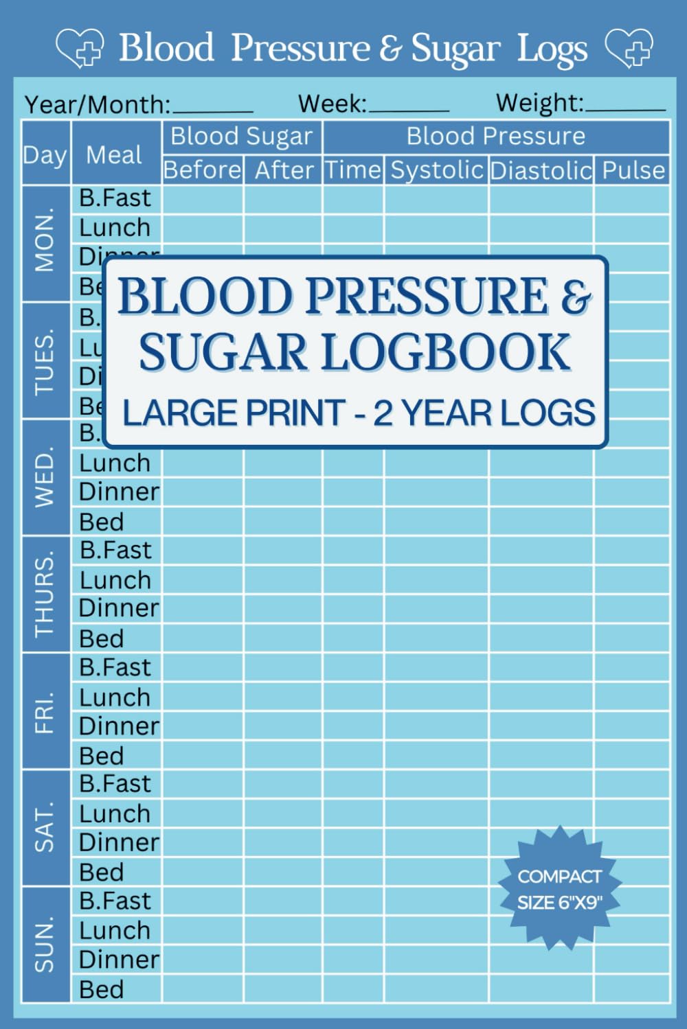 Blood Pressure & Blood Sugar Logbook Large Print: Compact 2 Year Log ...