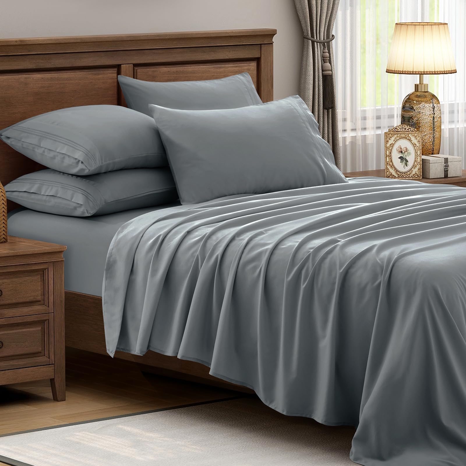 Amazon.com: TREELY Grey Queen Size Bed Sheet Set, 6 Piece Brushed Microfiber Queen Sheets,Hotel ...