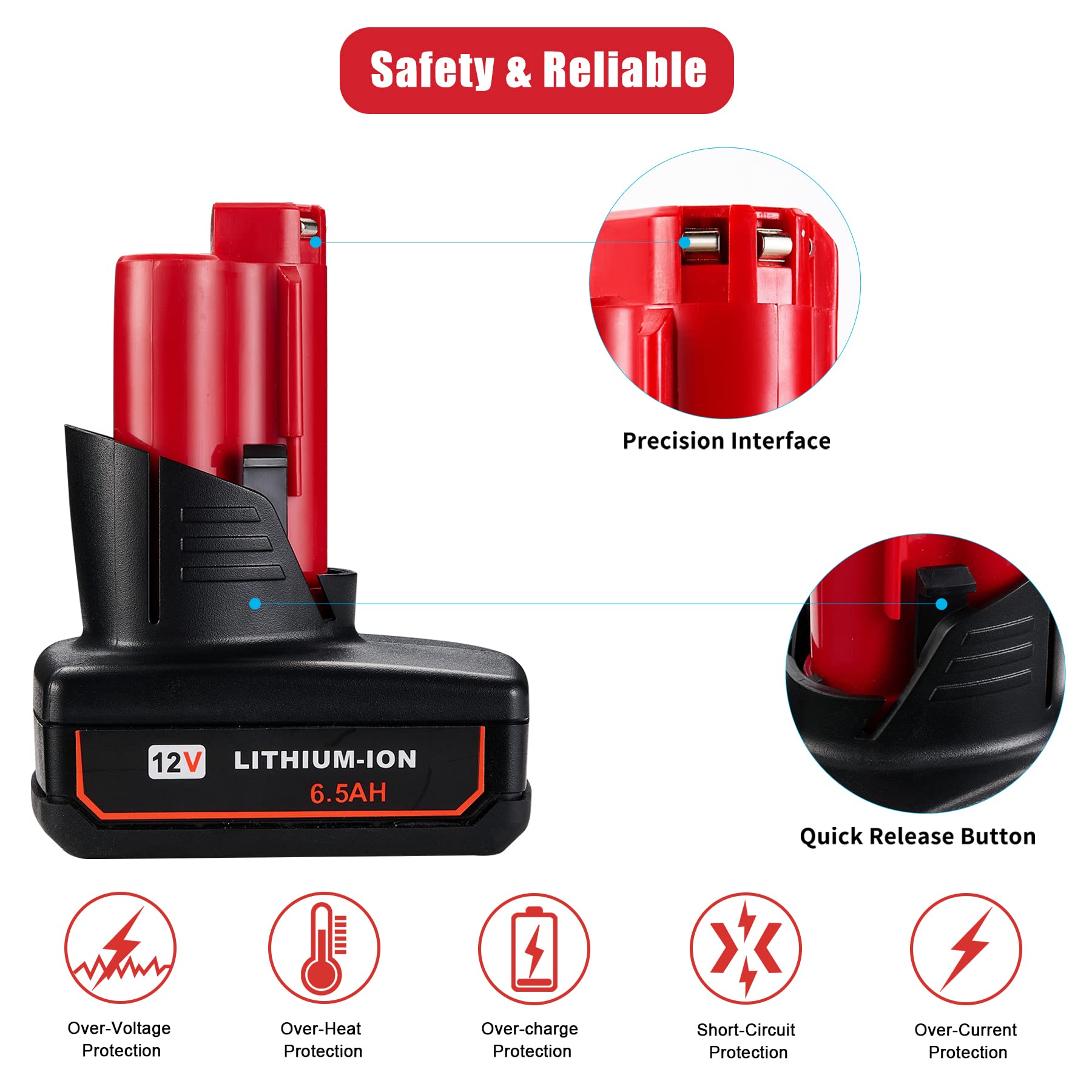 KUNLUN 2Pack 6.5Ah 12V Lithium Battery for Milwaukee M12 12V Battery ...