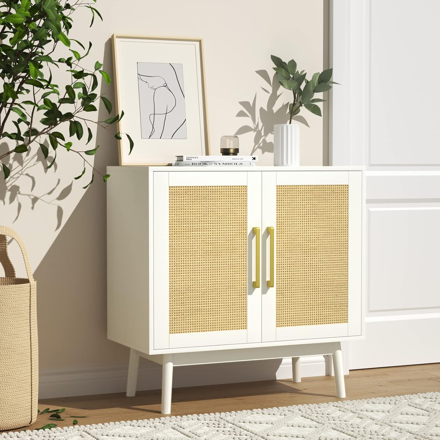 Amazon.com - JOZZBY Rattan Sideboard Buffet Cabinet, White Cabinet with ...