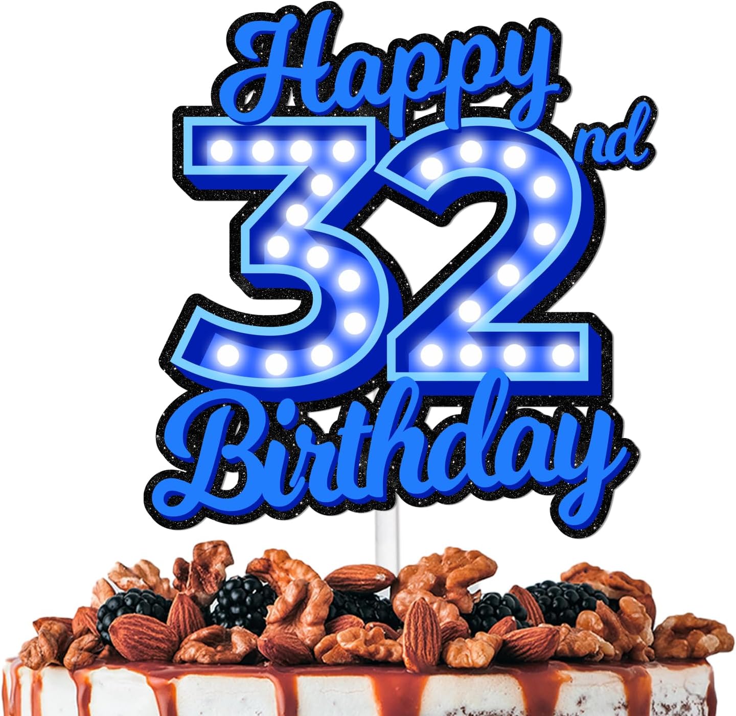 Amazon.com: Blue Glitter Happy Birthday 32nd Cake Topper Let’s Glow ...