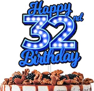 Amazon.com: Blue Glitter Happy Birthday 32nd Cake Topper Let’s Glow ...