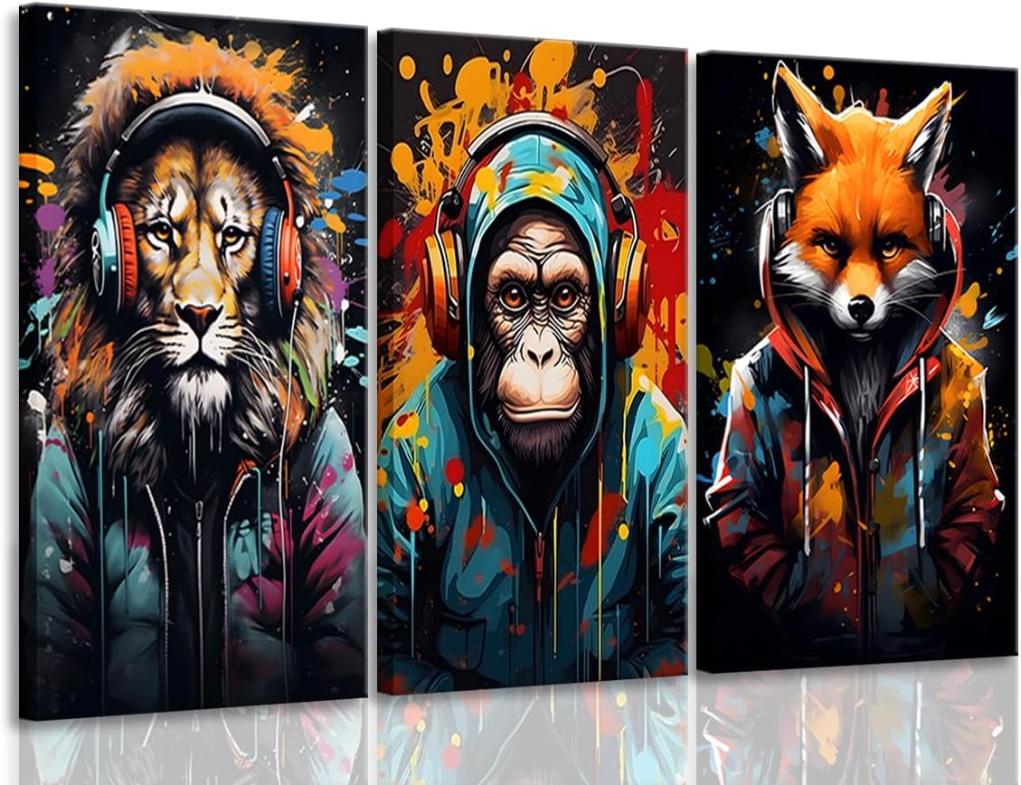 Amazon.com: 3Pcs Framed graffiti animal wall art Banksy Graffiti Art ...