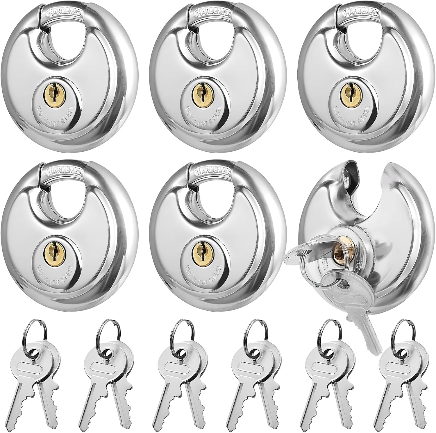 6 Pack Round Disc Padlock, Heavy Duty Outdoor Discus Lock with Keys ...