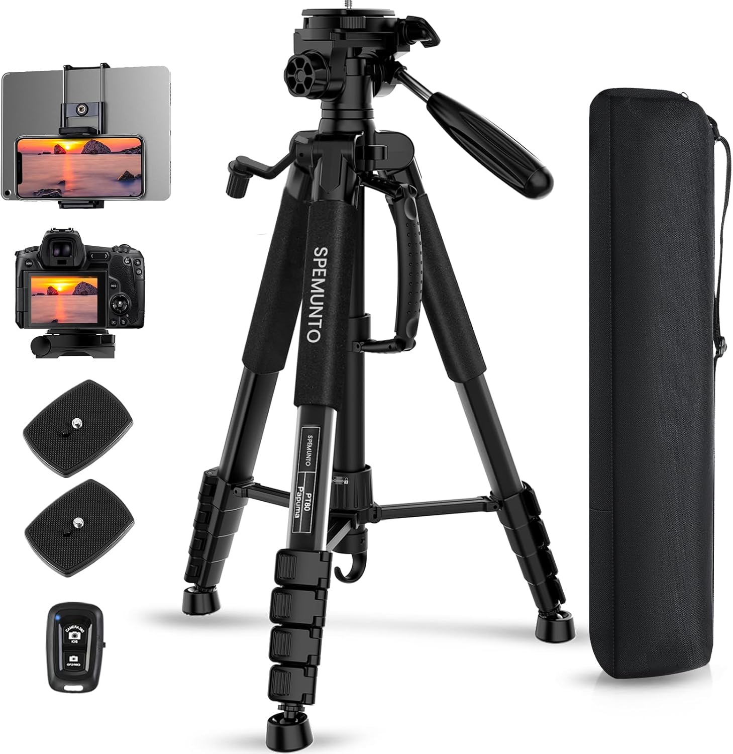 SPEMUNTO 75" Camera Tripod for Cell Phone, Black Porfessional Aluminum ...