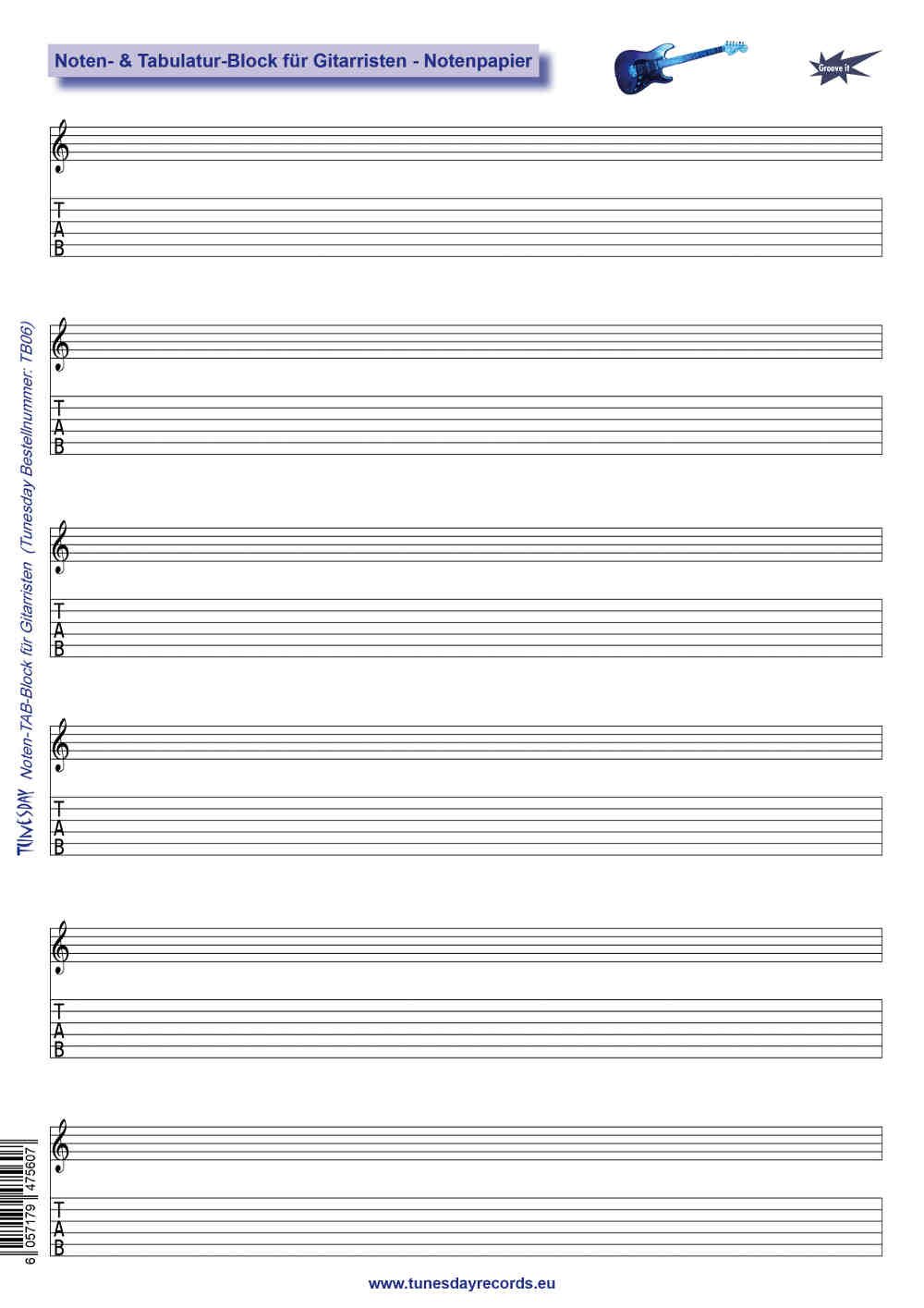 Noten- & Tabulatur-Block für Gitarristen - Notenpapier Gitarre-TABs ...