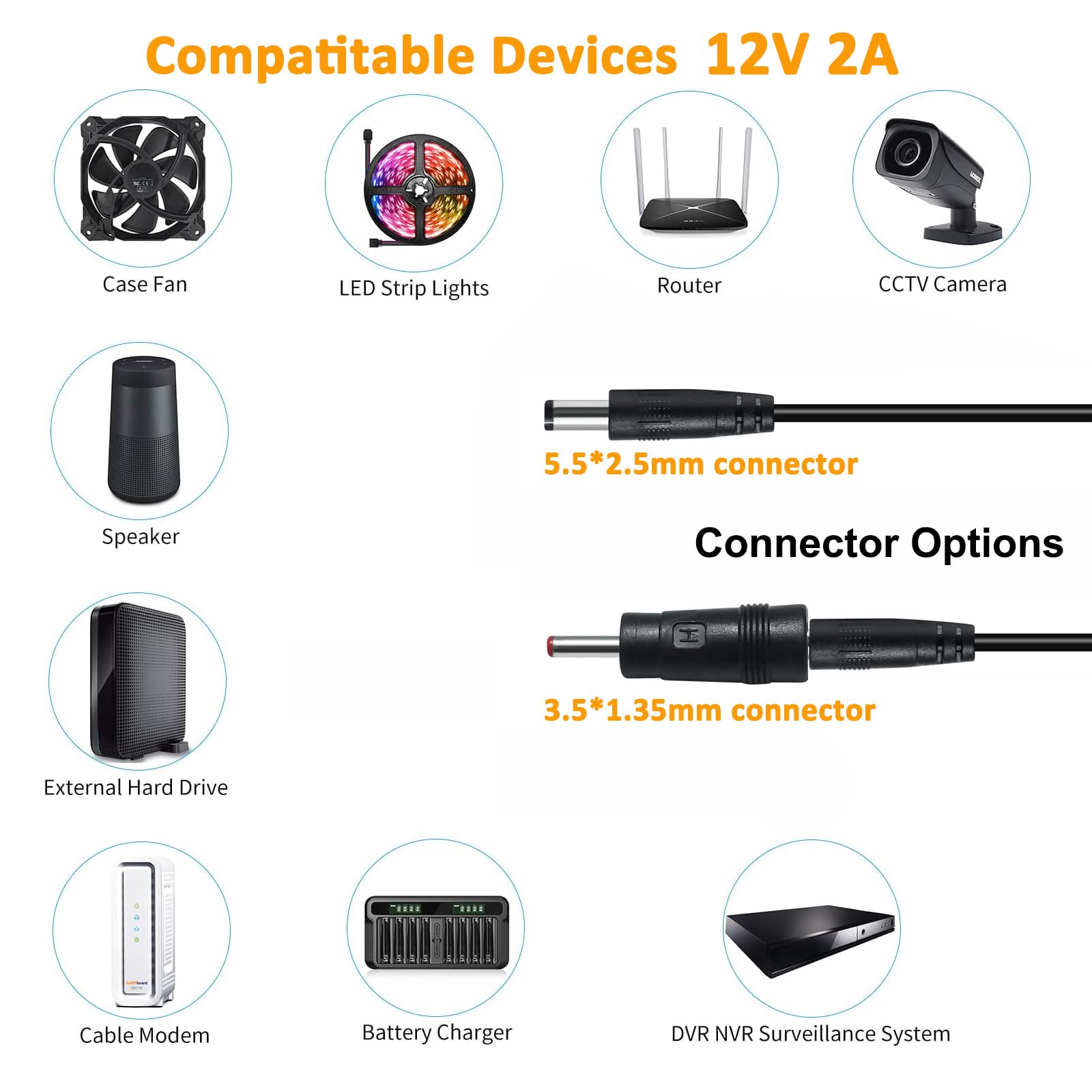 Snapklik.com : DCHAV 12V 2A Power Supply 55mmx25mm And 35mmx135mm Tip ...