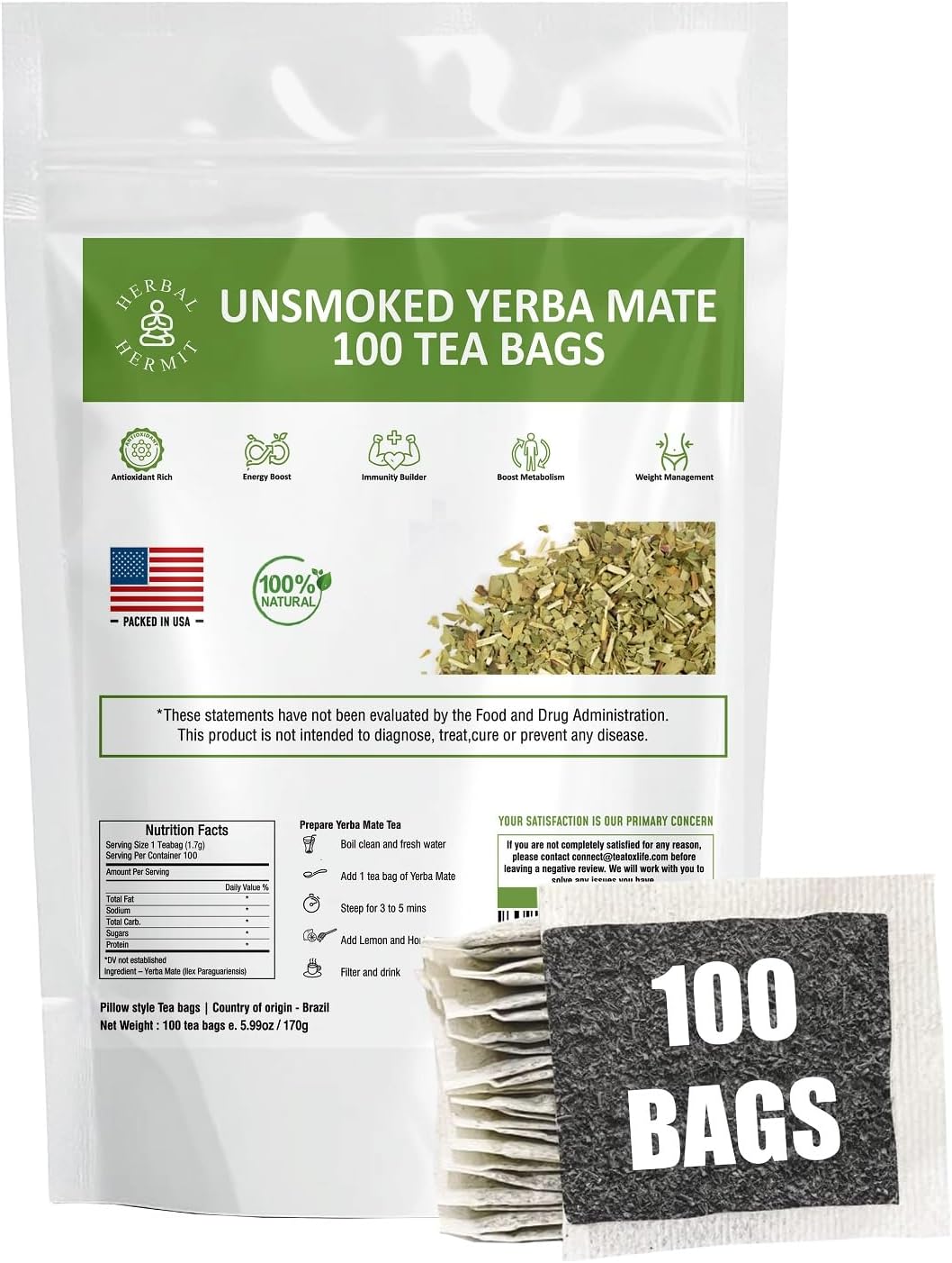 Amazon.com : Herbal Hermit Yerba Mate Tea with 100 tea bags Natural ...