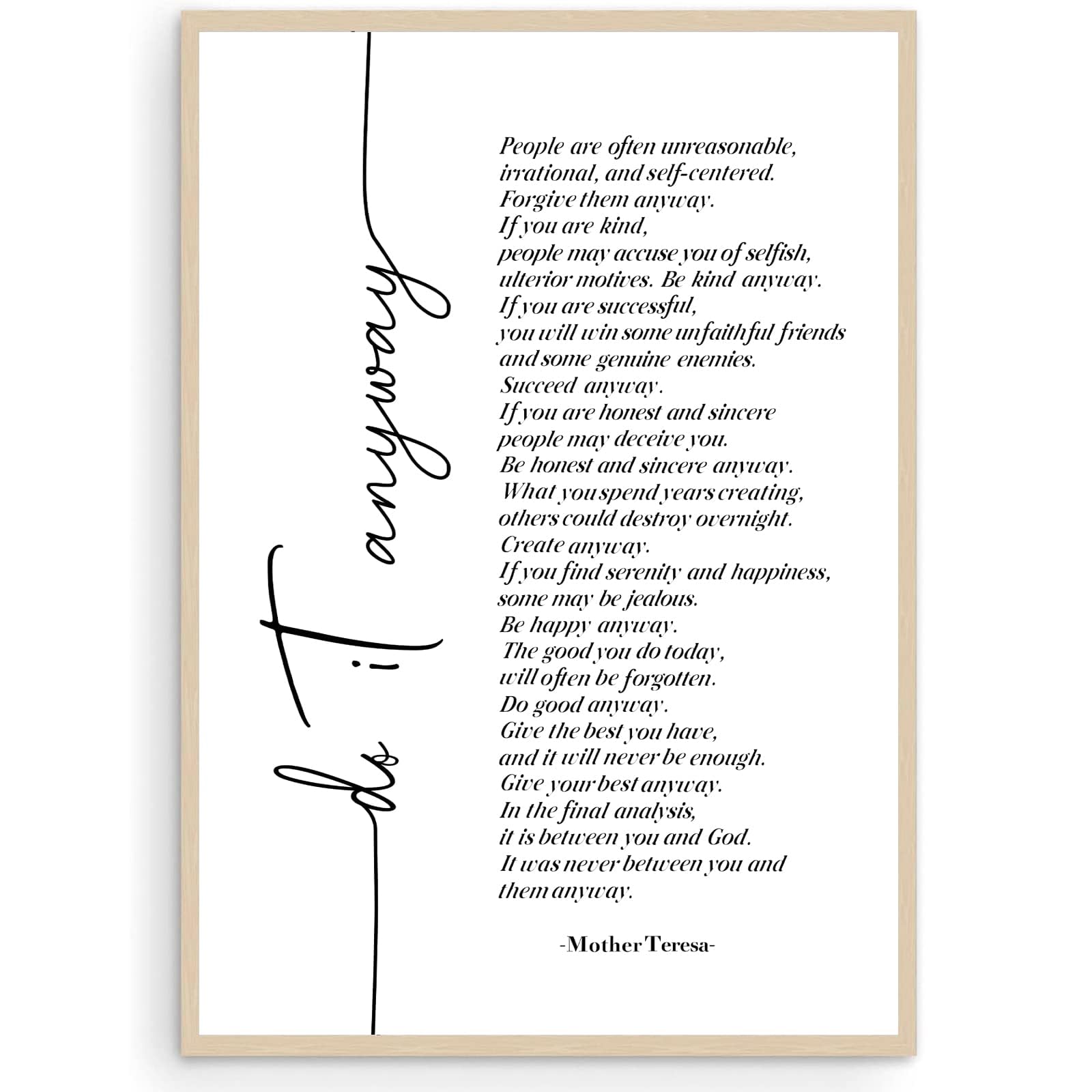 Amazon.com: Mother Teresa Quotes Wall Art Do It Anyway Poster ...