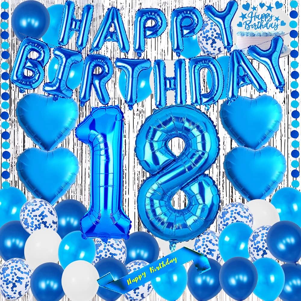 Amazon.com: yujiaonly 18TH Birthday Party Decorations Blue Happy ...