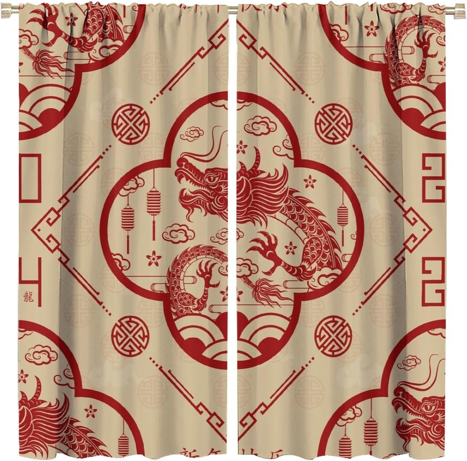 Amazon.com: Exotic Dragon Curtains, Beige Red Oriental Asian Ethnic ...