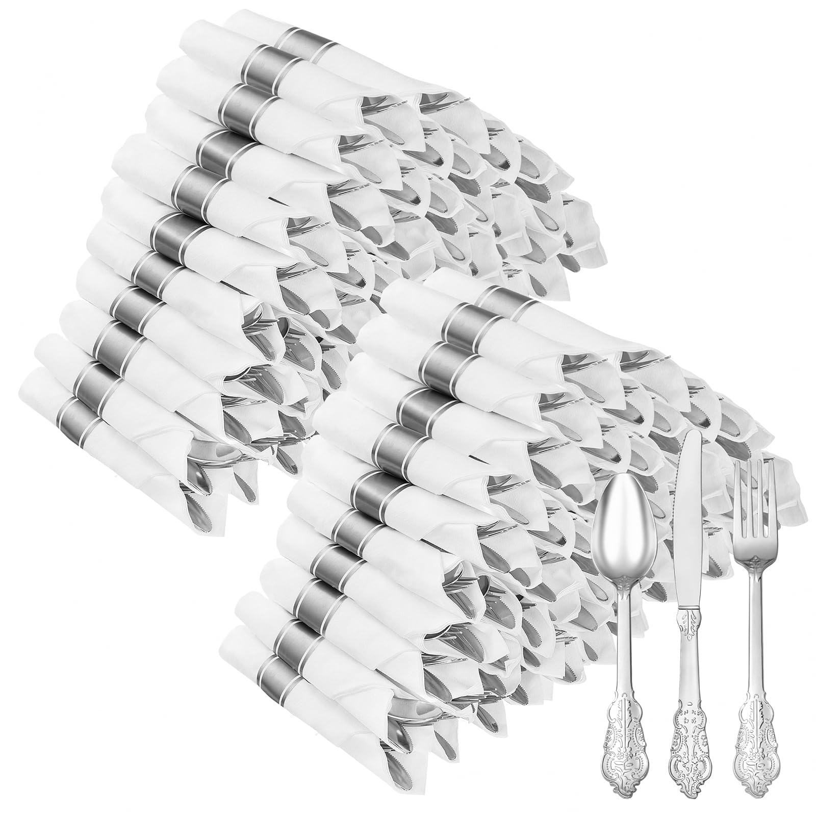 Amazon.com: Bestluck 100 Pack Silver Plastic Silverware with Pre Rolled ...