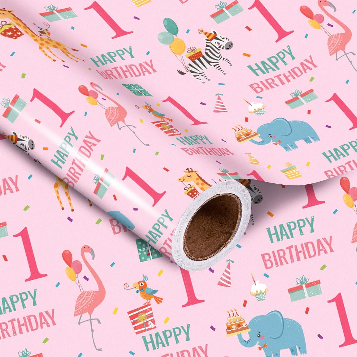 Amazon.com: LeZakaa 1st Birthday Wrapping Paper Roll - Pink Happy ...