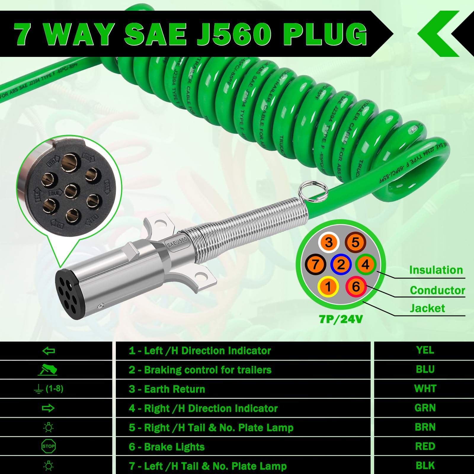 Snapklik.com : 7 Way Coiled Trailer Cord 15FT Long Tail ABS Electrical ...