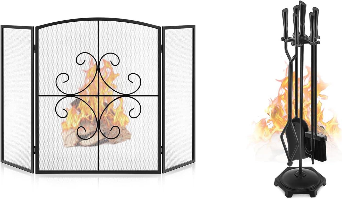Amazon.com: Gtongoko 3 Panel Fireplace Screen Bundle 5 Pcs Fireplace ...