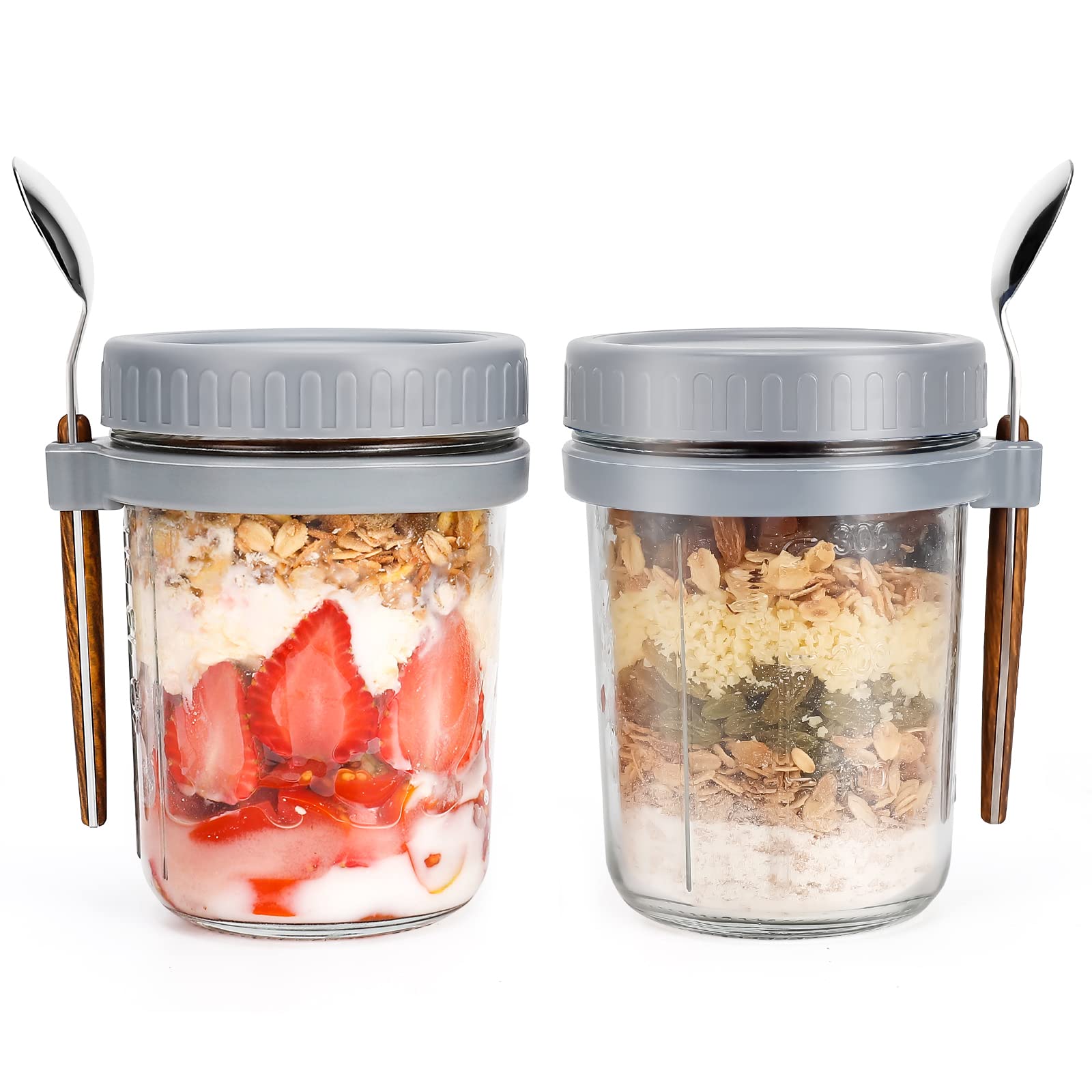 Overnight Oats Jars with Spoon and Lid 16 oz [2 Pack], Airtight Oatmeal Container with ...