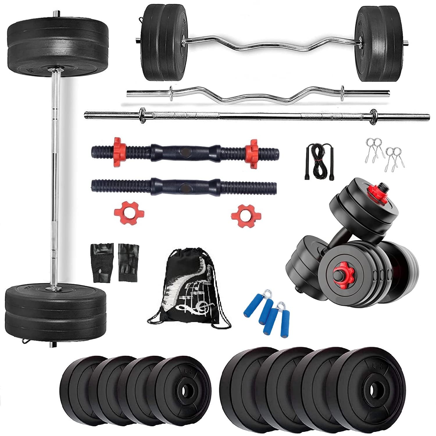 BODYFIT Home Gym Combo Set, Weight Plates, 5Ft Plain Rod, 3ft Curl + 2 ...