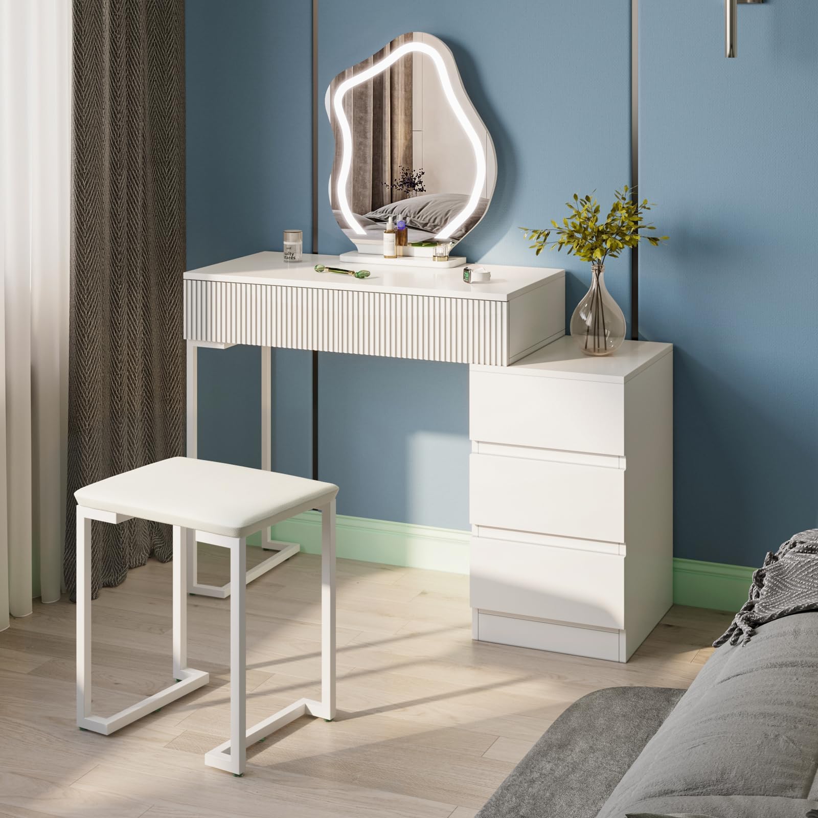 Dressing Table with Mirror and Stool Set, Modern Vanity Table Makeup ...