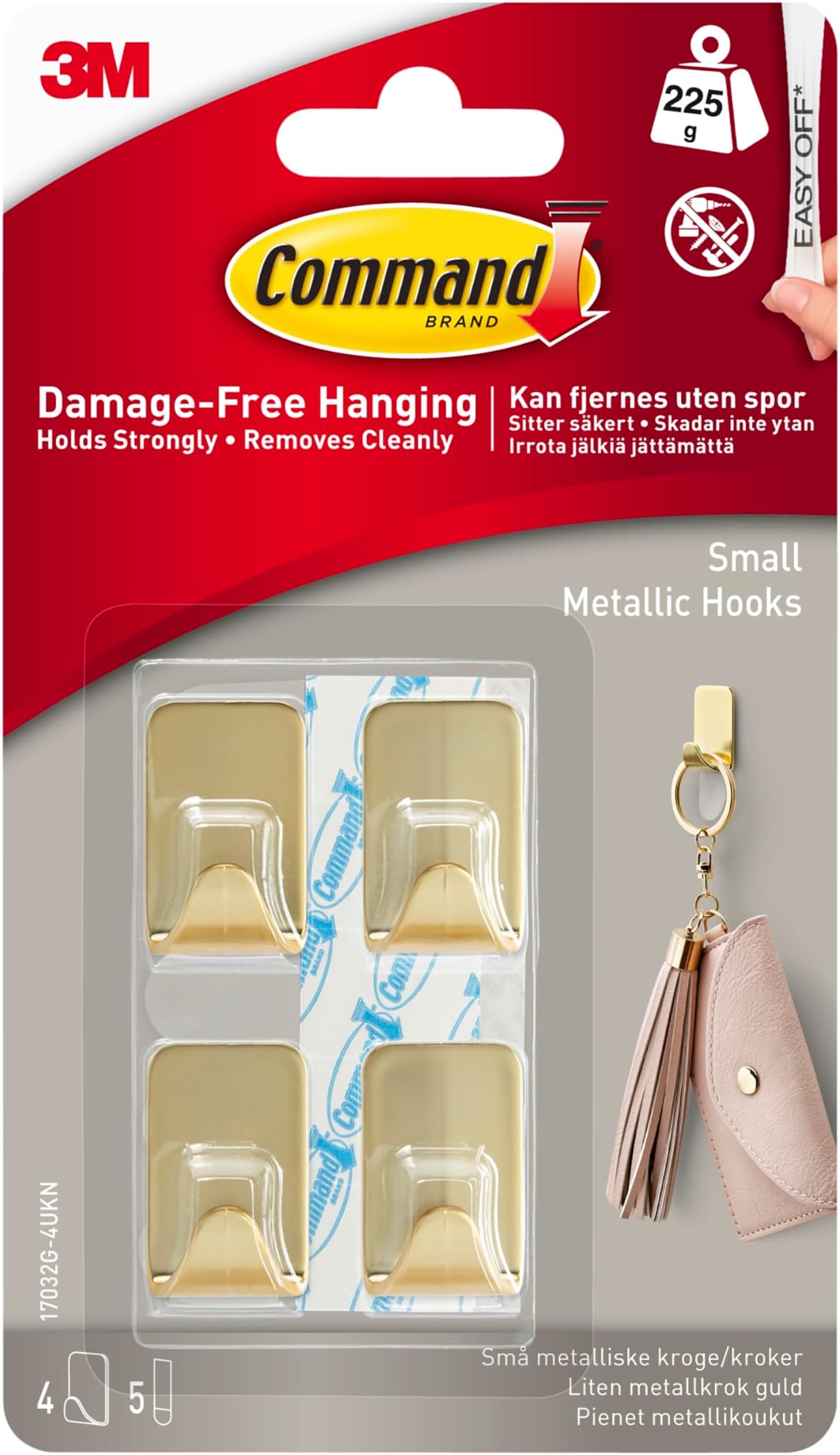 Command Small Metallic Hook, Gold Colour - 4 Hooks, 5 Adhesive Strips ...