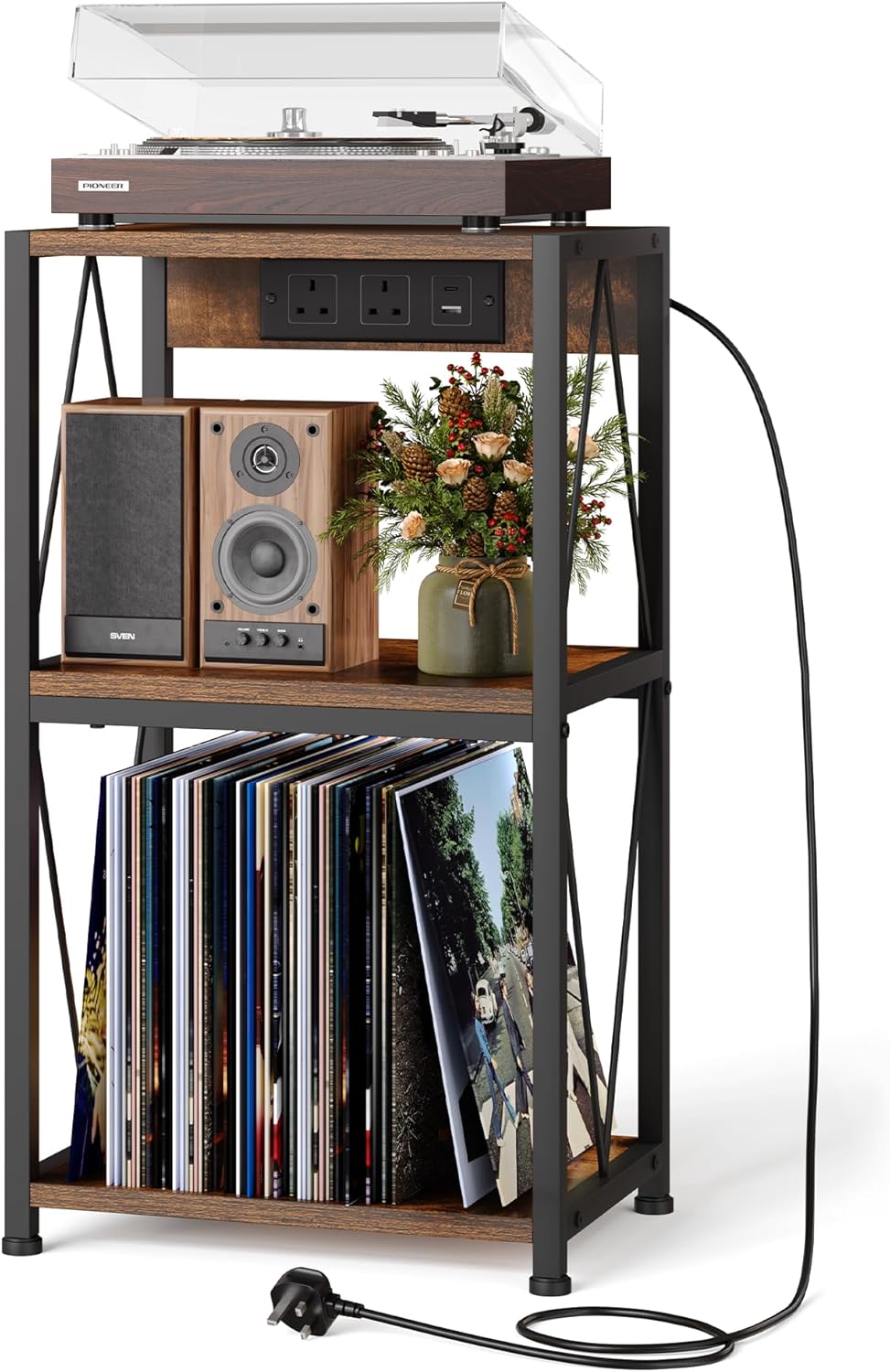 HFHOME Record Player Stand with Charging Station, 3 Tier End Table with ...