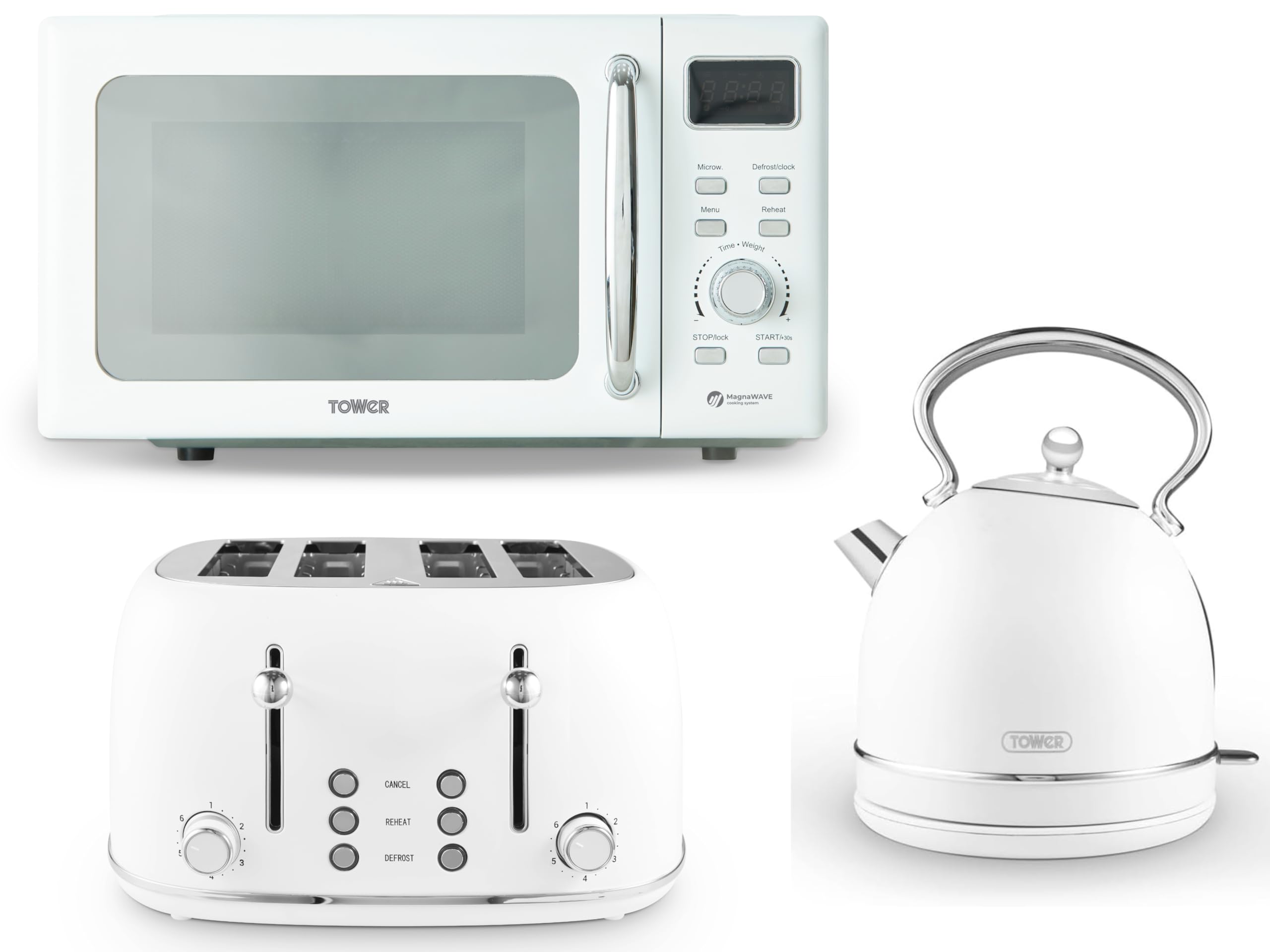 Tower Heritage White 1.7L 3KW Dome Kettle, 4 Slice Toaster & T24041WHT ...