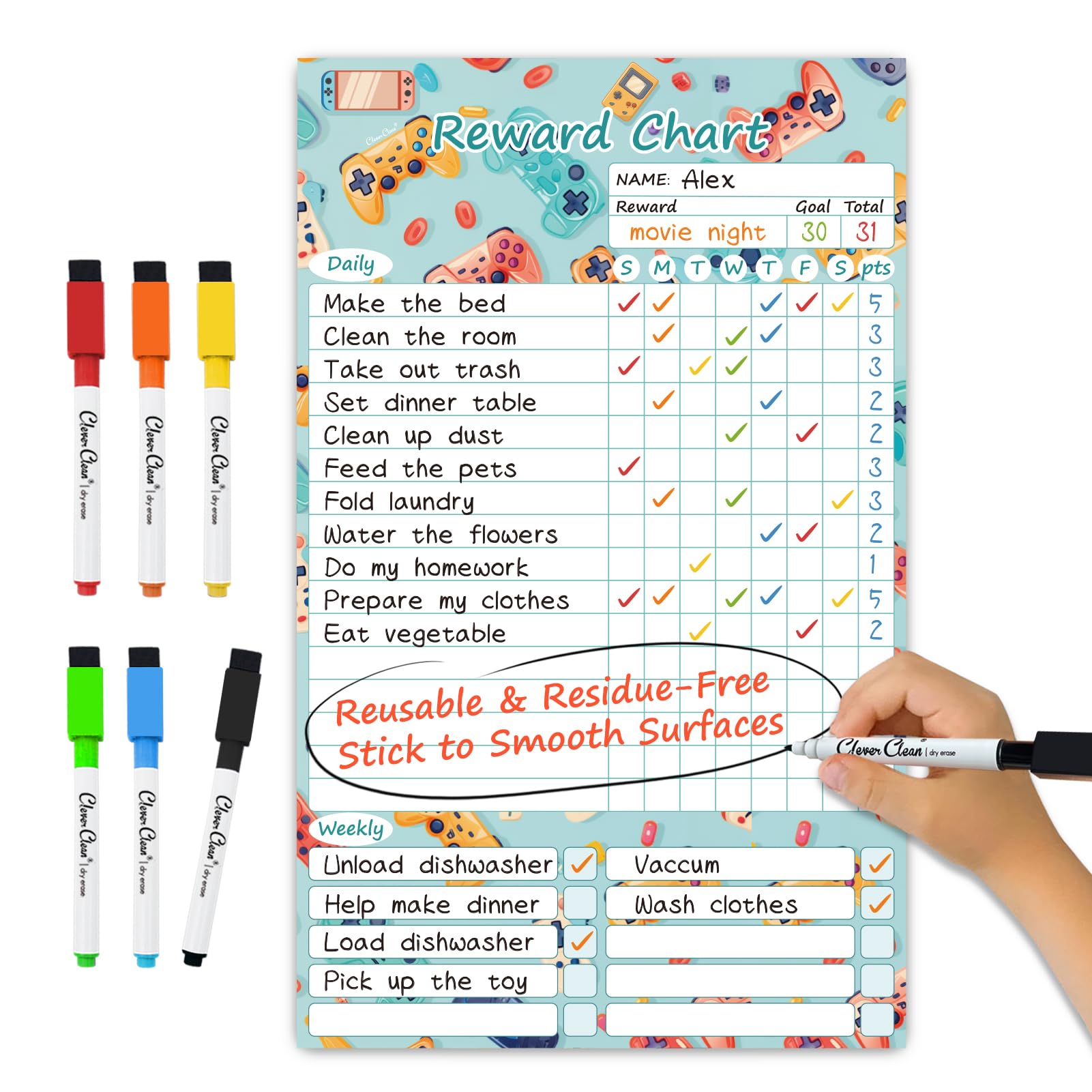 Amazon.com : Clever Clean Dry Erase Chores Chart for Kids, Reusable ...