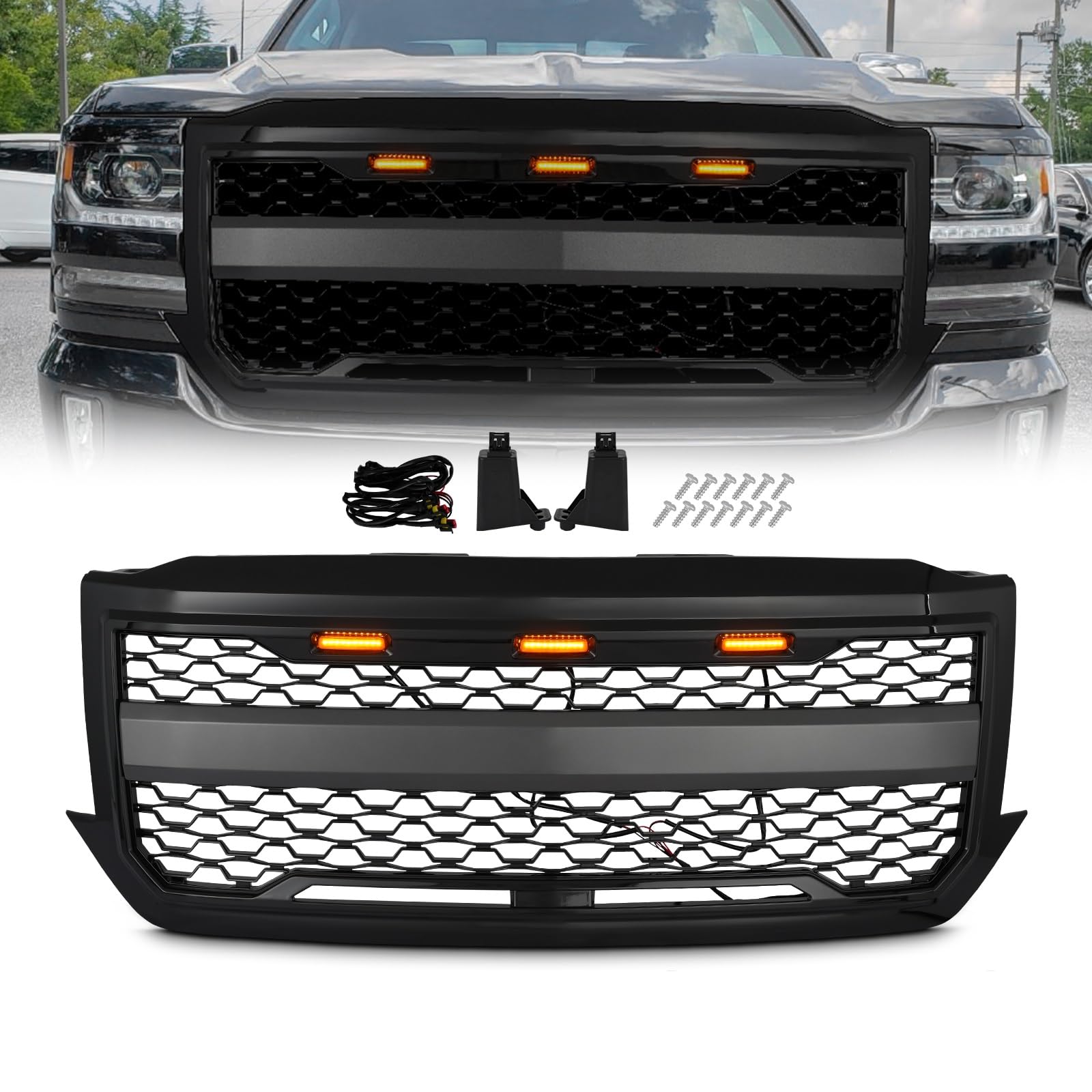 Amazon.com: KARPAL Front Upper Mesh Grille w/LED Light Gloss Black ...