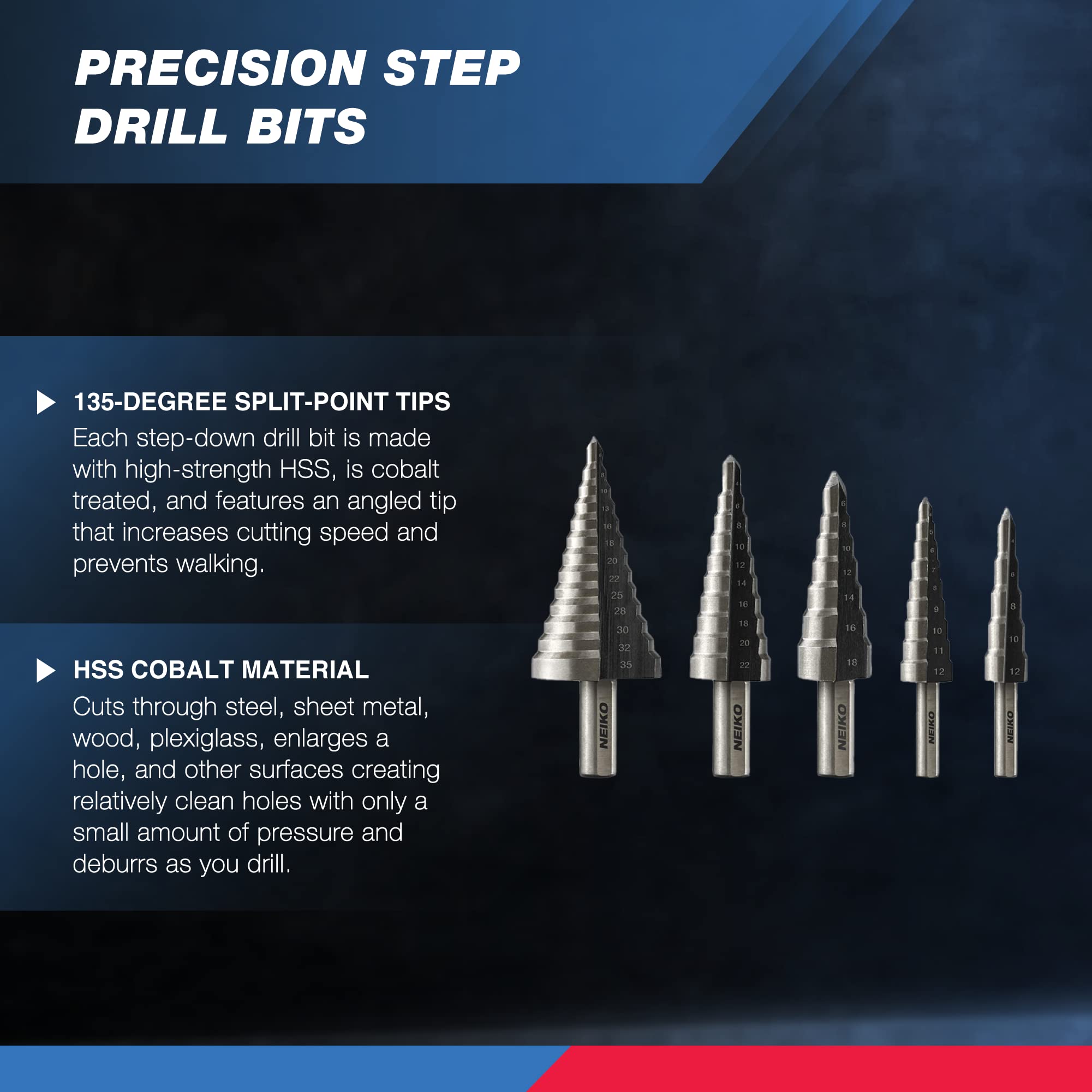 Snapklik.com : NEIKO 10198A Step Drill Bit Set 5 Piece, 4mm- 35mm ...