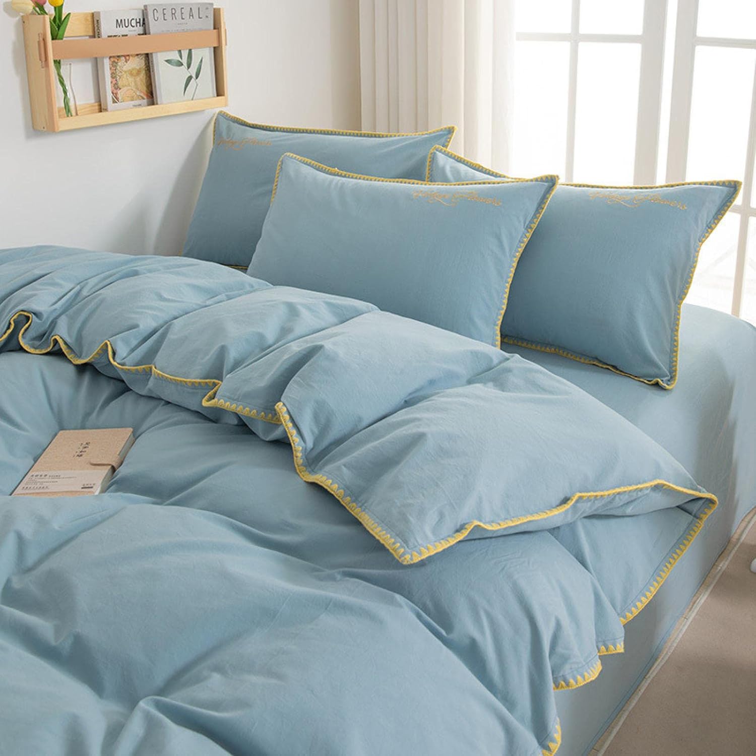 Amazon.com: NA Pure Cotton Four Piece Set Pure Color Washed Cotton Bed Sheet Quilt Cover All ...