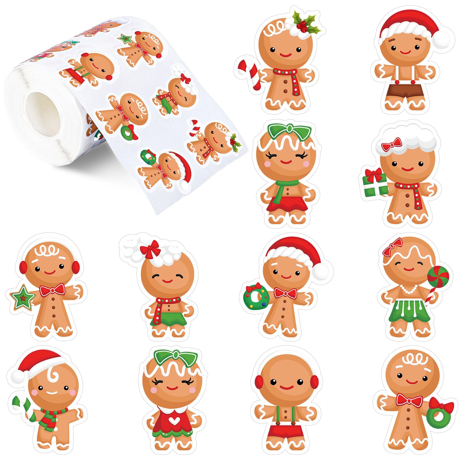 Amazon.com: Whaline 1000Pcs Christmas Stickers Roll Gingerbread Man ...