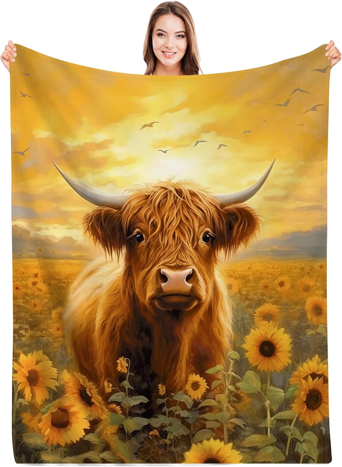 Amazon.com: SARA NELL Highland Cow and Sunflowers Blanket, Beautiful Highland Cows Print Blanket ...