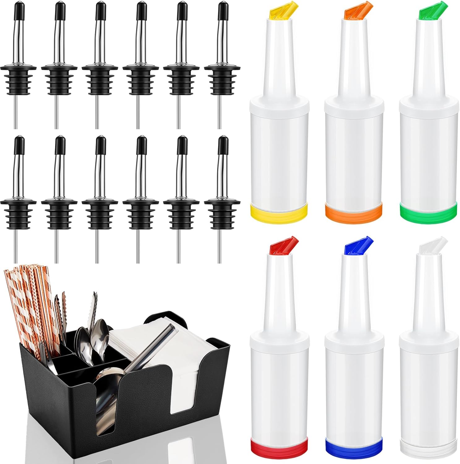 Amazon.com: Bar Caddy with 6 Pcs Fruit Juice and Liquor Pour Bottles ...