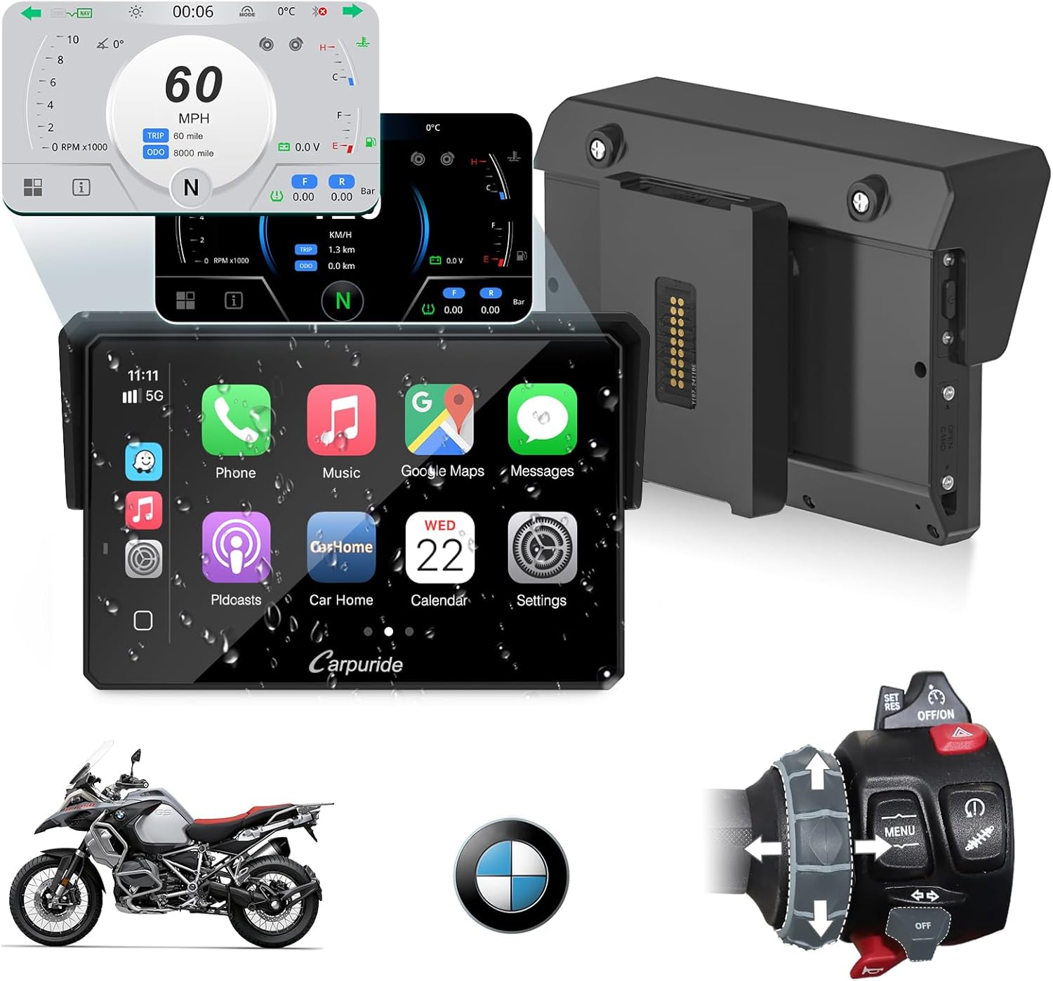 Amazon.com: 2025 CARPURIDE W502BS for BMW Motorcycle CarPlay & Android Auto Dual Bluetooth, 5 ...