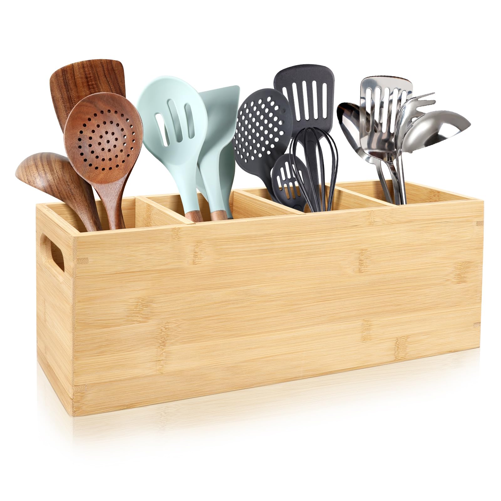 ChalkLit Bamboo Utensil Holder, Extra Large 4 Compartments Kitchen ...