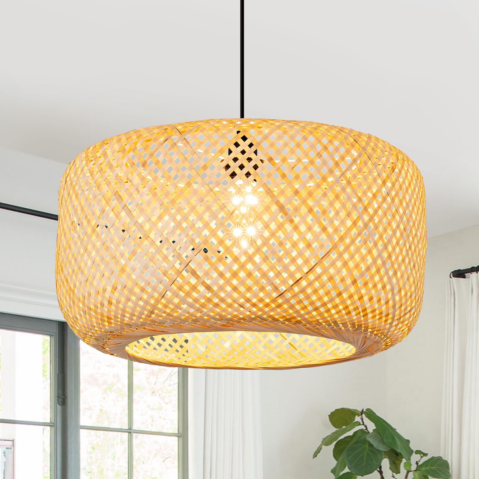 LUJOGUID Bamboo Basket Pendant Lighting Chandelier D17.72in Rattan ...