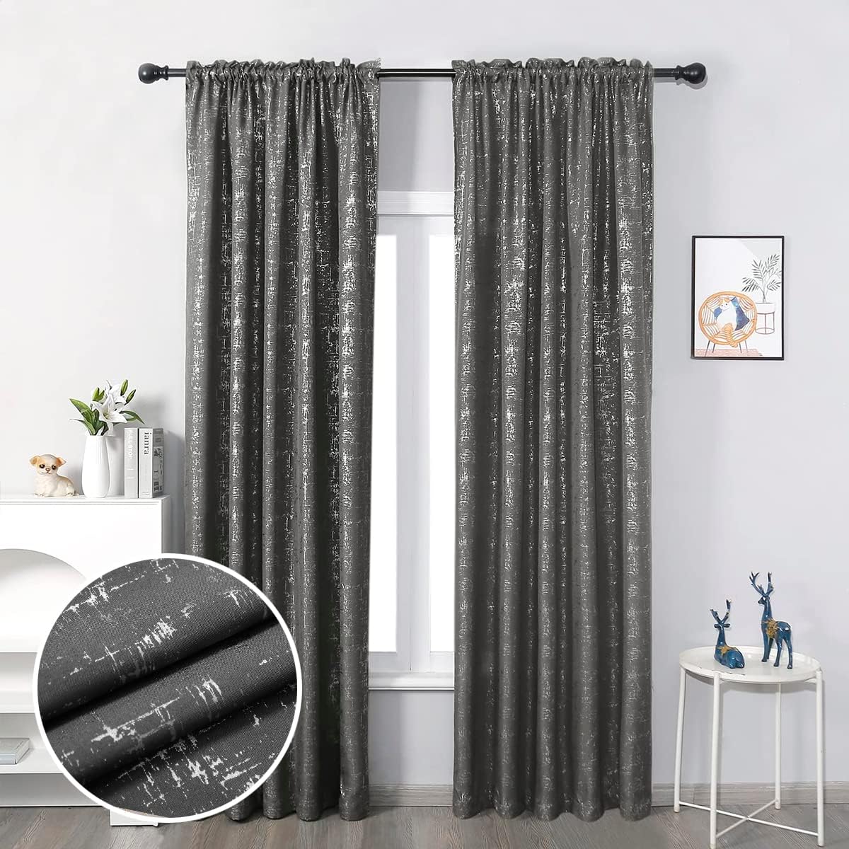 Amazon.com: Taisier Home Silver Foil Print Linen Textured Curtains ...