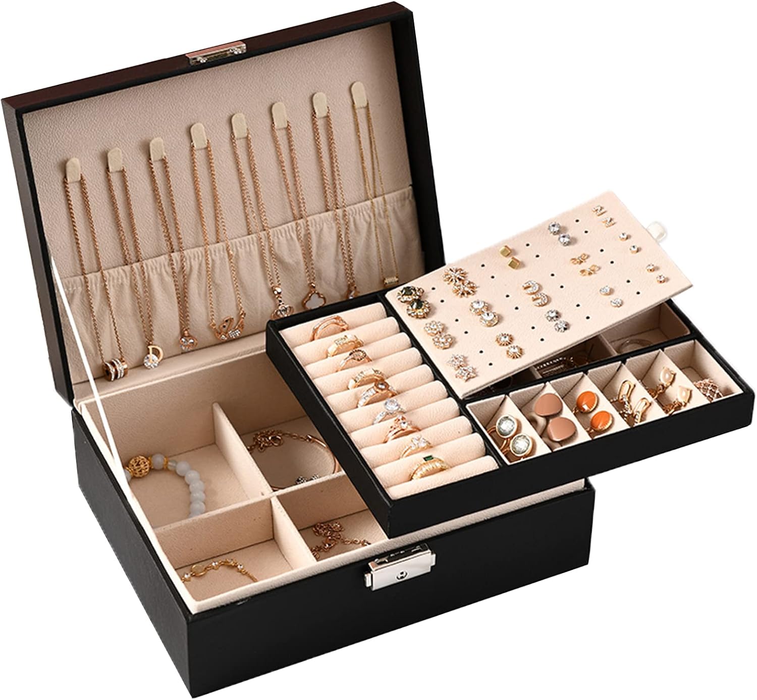 Jewellery Box - 2 Layers Large Leather Jewellery Boxes Organiser for ...