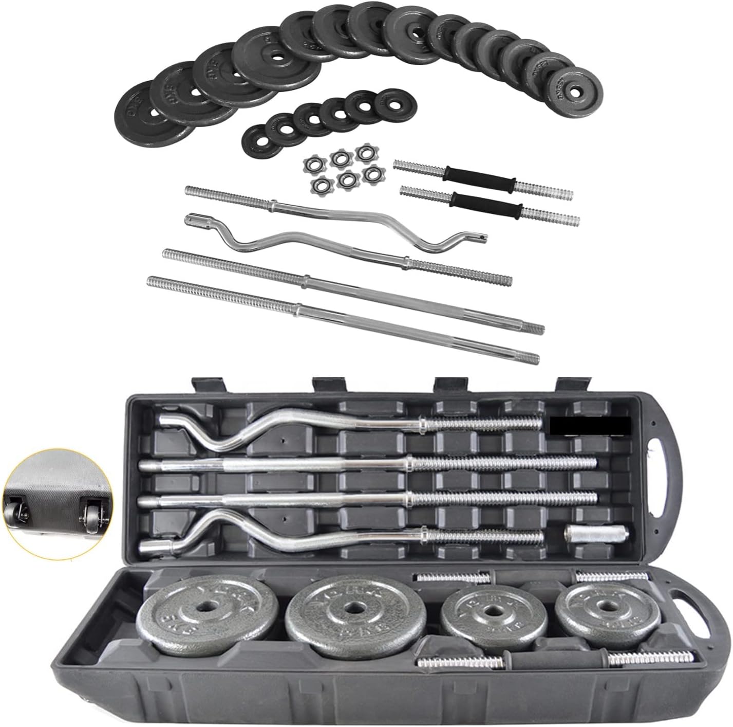 EGO TECHNOLOGY Set Pesas 55kg Estuche portátil Ruedas Barra Z Discos ...